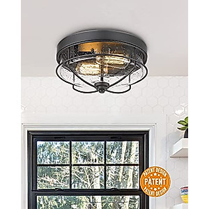 HWH INVESTMENT Flush Mount Ceiling Light Fixtures, 12 inch 2-Light Farmhouse Close to Ceiling Light Fixture with Seeded Glass Shade, Sand Black Finish, 5HTJ7-F BK