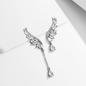 Angel's Wings Cubic Zirconia Earrings for Women, Asymmetrical Teardrop Crystal Long Drop Dangle Ear Climbers Wedding Earring for Bridesmaids Brides,Elegant Rhinestone Pretty Birthday Party Prom Gifts