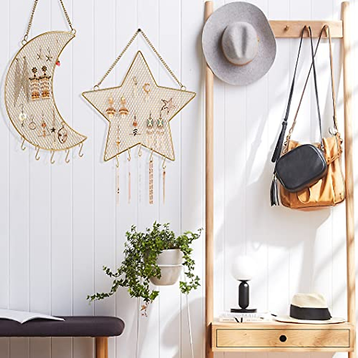 Rolin Roly Earring Wall Holder Wall Mounted Jewelry Rack Hanging Earring Organizer with3 Hooks Moon Shaped for Display Grid Golden Bracelet Necklace Ring