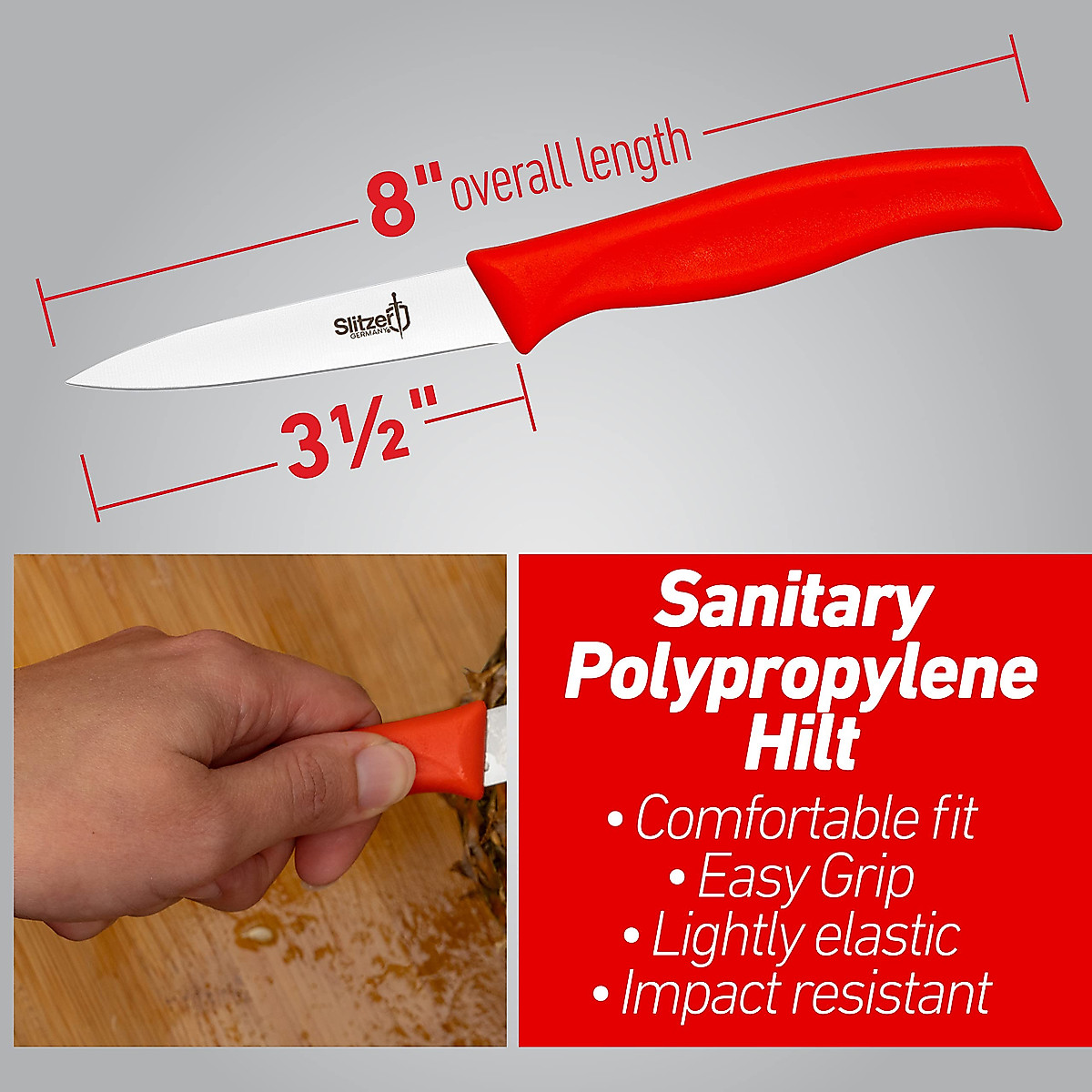 Slitzer Germany Paring Knife, German Stainless Steel Blade, 8 Inches, 3/12 Inch Blade, Red