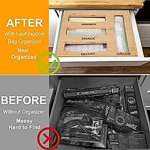 LauKingdom Ziplock Bag Organizer for Drawer Bamboo Baggie Organizer with Magnetic Slider Storage Bag Organizer for Wall Mount Plastic Bag Organizer