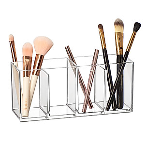 Amazing Abby - Glamour - Acrylic 4-Compartment Makeup Organizer, Transparent Plastic Makeup Brush Holder, Perfect Bathroom Vanity Storage Solution for Makeup Brushes, Eyebrow Pencils, and More