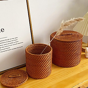 Storage Basket with Lid,6x6inch Rattan Basket Decorative Boxes,Handmade Rattan Storage Cylinder Wicker Storage Bin Round Rattan Storage Basket with Lid Household Organizer Box