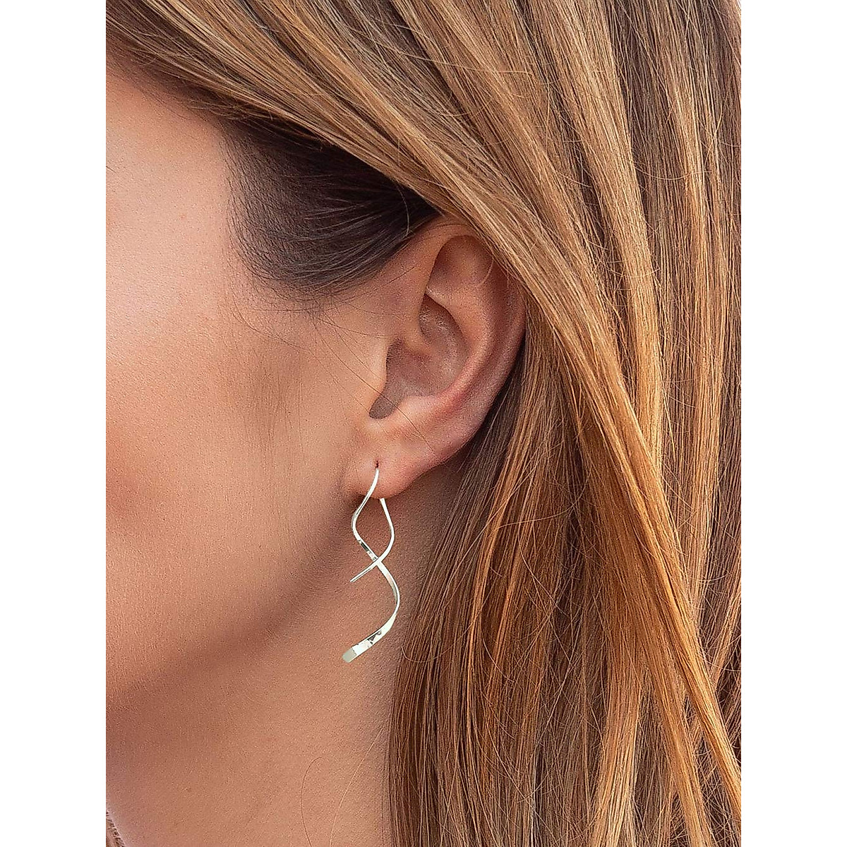Spiral Threader Earrings, 925 Sterling Silver, Drop Dangle Handmade Twisted Linear Curved Minimal Everyday Earrings (Silver)