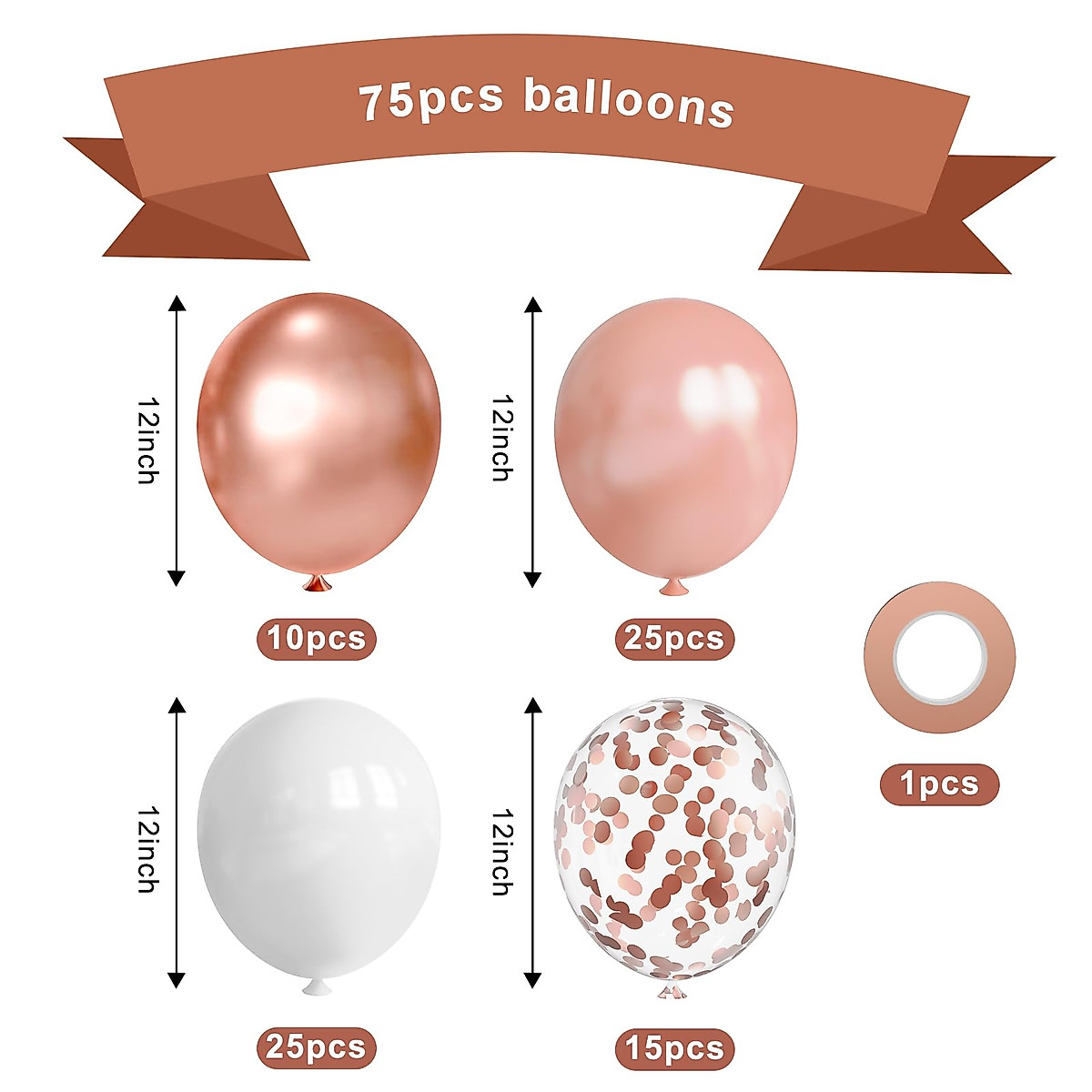 Nobledecor 75 Pcs 12 Inch Rose Gold Balloons,Rose Gold and White Balloons,Rose Gold Metallic Latex Confetti Balloons for Birthday Wedding Engagement Bridal Shower Bachelorette Party Decorations
