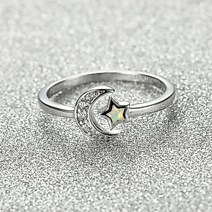 Opal Star Moon Open Adjustable Ring for Women Girls 925 Sterling Silver Crystal Cubic Zirconia Crescent Moon Lucky Stars Stacking Statement Thin Tail Finger Band Eternity Love Promise Expandable