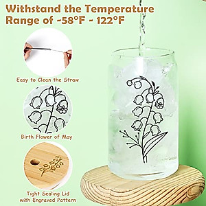 Nefelibata Lily of the Valley Iced Coffee Cup Birth Flower Beer Glass Can 16OZ Glass Drinking Cup with Bamboo Lid Metal Straw Cleaning Brush May Birth Flower Floral Decor Birthday Gift for Mom