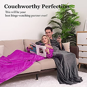 Winthome Wearable Blanket with Sleeves for Adults Women Men, Soft and Warm TV Wrap Throw Blanket with Elastic Cuffs, Hook and Loop Fastener(Grey,55.1"X66.9")