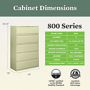 HON 5 Drawer File Cabinet with Lock - 800 Series Lateral Office Storage Cabinet Locking Metal Filing Cabinet with Drawers 42"W x 18"D - Adjustable Hangrails for A4, legal, Letter Files - Putty