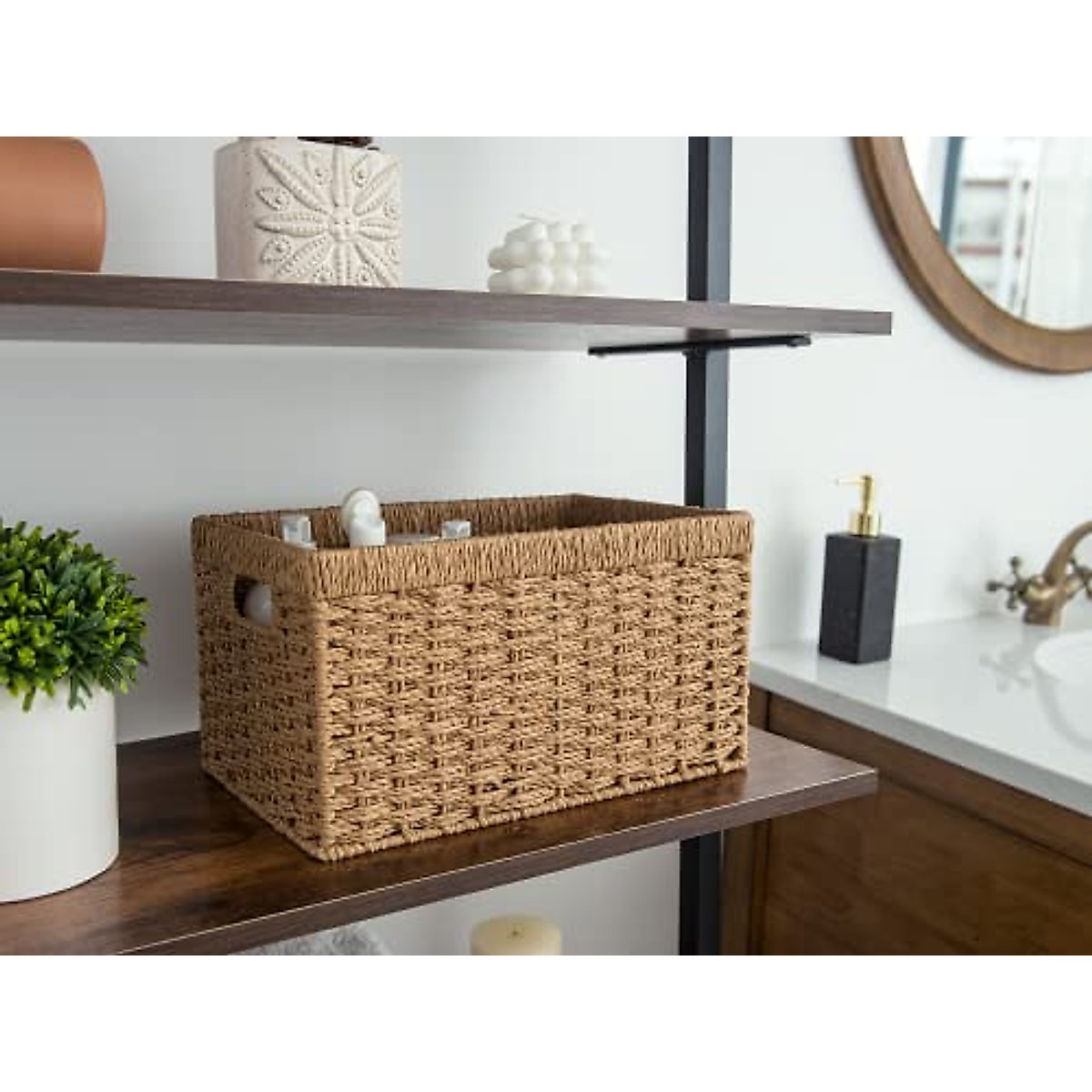 StorageWorks Set of 4 Round Paper Rope Storage Baskets, Rectangular Wicker Baskets with Built-in Handles