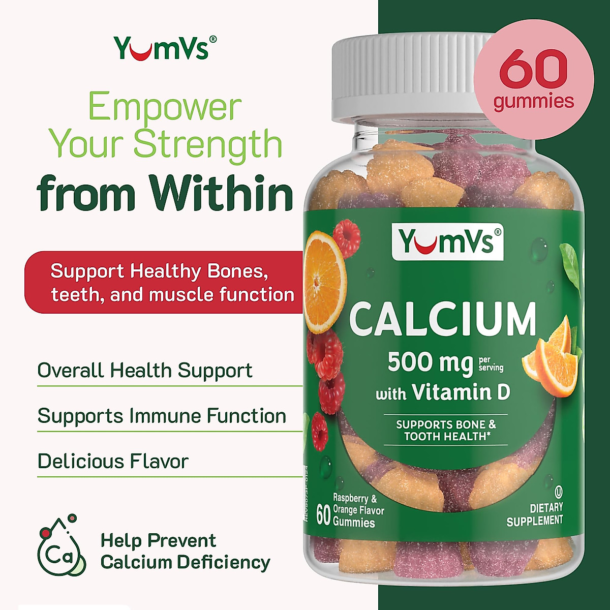 YumVs Calcium 500mg with Vitamin D3 - Raspberry & Orange Flavor Calcium Vitamin D Gummies, Chewable Calcium Supplement for Kids & Adults, Vitamin D Calcium Gummies, Kosher Halal Gluten Free (60 Count)