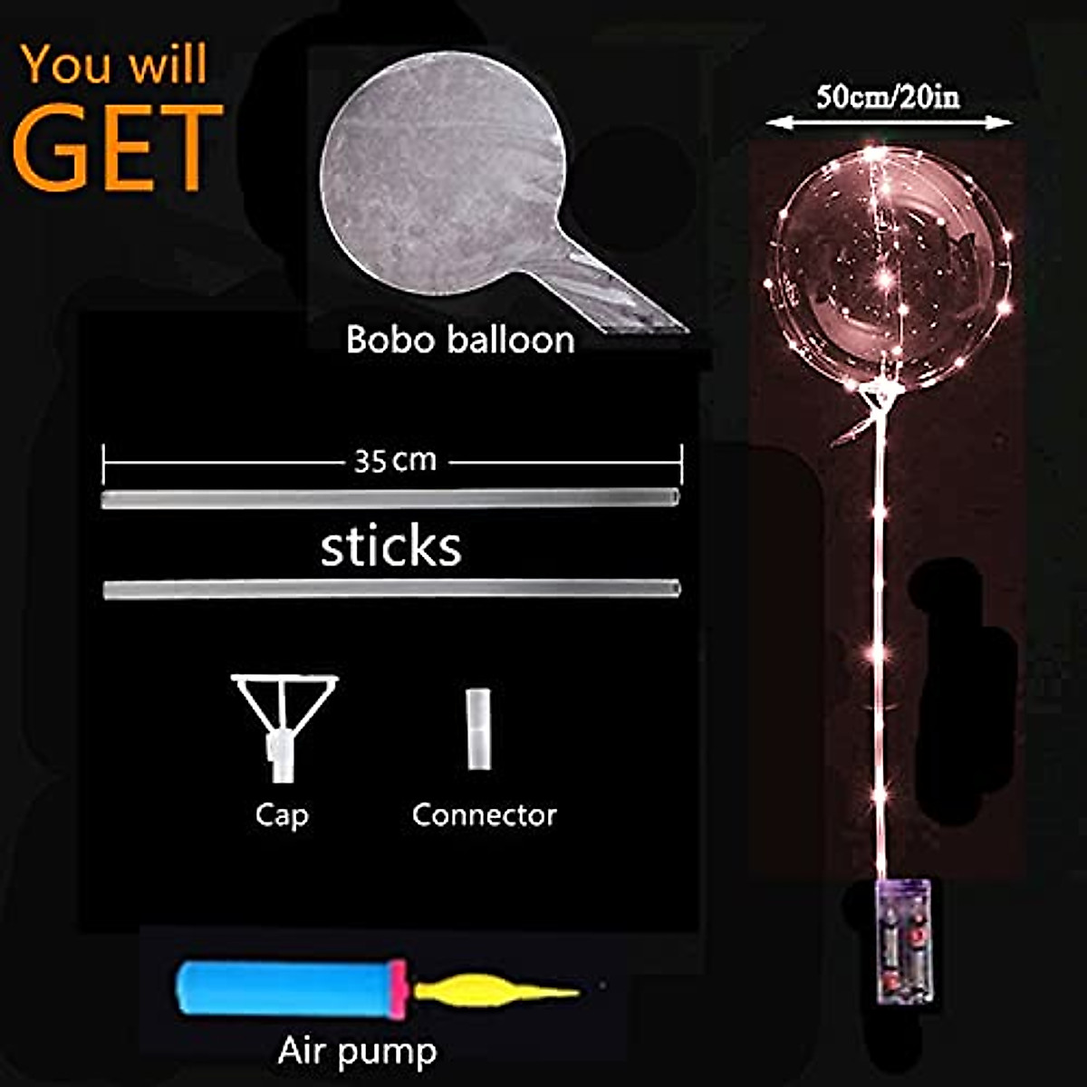 10 Pack LED Bobo Balloons with Stick and Pump,Transparent LED Light Up Balloons, Helium Glow Bubble Balloons with String Lights for Party Birthday Wedding Festival Decorations (Warm white)