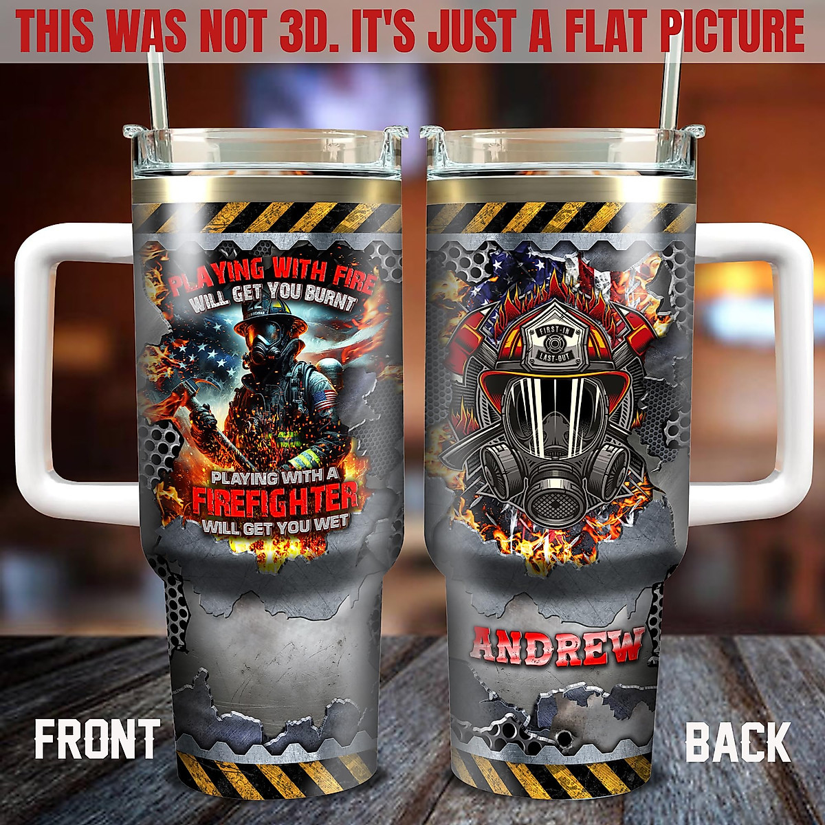 WAZONE Personalized Firefighter 40oz Tumbler with Handle and Straw Lid Custom Name Stainless Steel Insulated Cup American Flag Travel Coffee Mug Gifts For Firefighters Fireman Husband