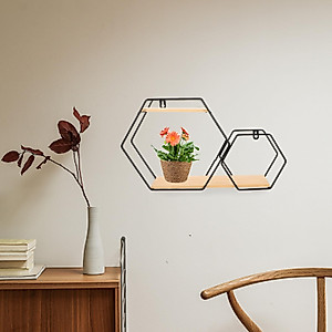 Uonlytech Hexagonal Storage Rack Metal Wall Shelf Wood Wall Shelves Hexagon Shelves for Wall Floating Shelves for Plants Metal Shelf Metal Floating Shelf Wall Shelves Wood Wall Shelving