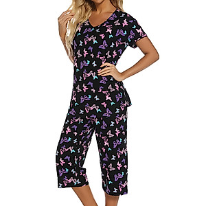 ENJOYNIGHT Women's Pajama Sets Cotton Sleepwear Tops with Capri Pants Summer Pjs (Black Flying, Medium)