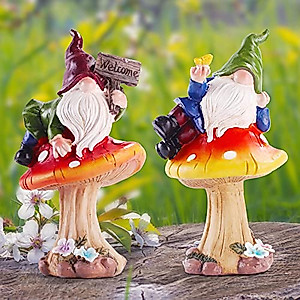 Free Yoka Funny Gnomes Garden Decor, Outdoor Patio Sculptures Statues Ornaments Welcome Sign for Yard Lawn Miniature Mushroom Accessories Figurine Home Decorations Set of 2