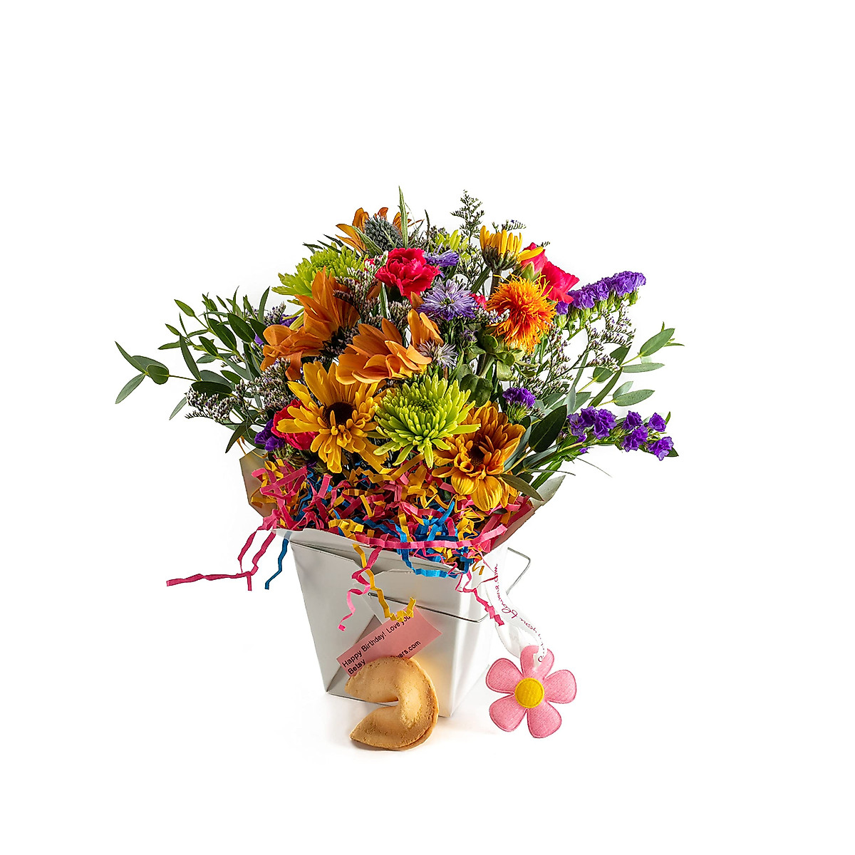 Birthday Blast Fresh Cut Live Flowers Arranged in a Takeout Container with your Personal Message Tucked Inside a Fortune Cookie