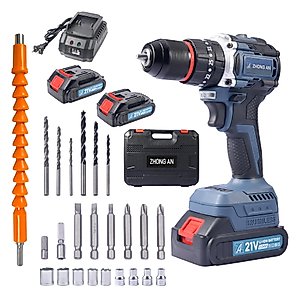 ZHONGAN 10mm(3/8”) Cordless Drill 2 Variable Speed,with 1 Charger and 2 Batteries,Electric Power Drill Set 24 Driver Bits,Durable and Portable,21V 2000mAh