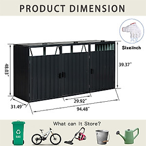 Metal Outdoor Trash Bin Shed for Storing 3 Trash Cans, Stainless Steel Galvanized, Garden Yard Lawn Trash Bin Shed, Black