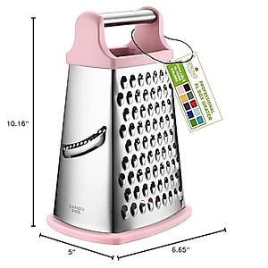 Spring Chef Professional Stainless Steel XL Parmesan Cheese Grater with Handle - 4 Sided Box Grater for Kitchen - Dishwasher Safe Carrot Shredder for Potato, Vegetables, Ginger - Pink Lemonade