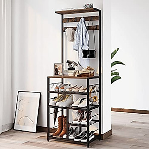 GiftGo Vintage Large 5-Tier Hall Tree with Console Table Entryway Coat Rack Freestanding Shoes Rack Storage Shelf Organizer for Home Office Bedroom (Rustic Brown)