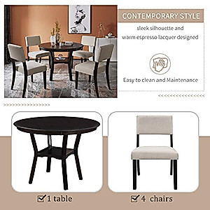 POCIYIHOME 5-Piece Round Bottom Storage Shelf and 4 Upholstered Chairsl for 4, East-West Furniture Dining Table Set for Kitchen,Resturant, Espresso & Beige Cushion