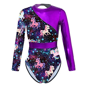 HULIJA Gymnastics Leotards for Toddler Girls Long Sleeve Cartoon Horses Athletic Dancewear Black&Rainbow 6 Years