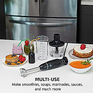 OVENTE Immersion Electric Hand Blender 300 Watt Power 2 Mix Speed with Stainless Steel Blades, Handheld Stick Mixer Set with Egg Whisk Attachment Mixing Beaker and BPA-Free Food Chopper, Black HS565B