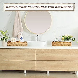 2 Pieces Rattan Toilet Tank Baskets, Handwoven Bathroom Sink Vanity Tray Decor for Counter, Rectangular Wicker Storage Basket Small Serving Trays for Toilet Paper, Towel, Napkin, Bread Organizing
