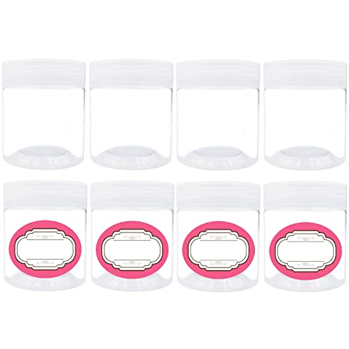 Hodooly 8 Pack 4 oz Empty Plastic Jars with Lids,Wide-mouth Clear Storage Containers, Empty Round Clear Plastic Jars with Lids and labels for Body Butter, Bath Salt, Slime and Beauty Products
