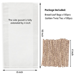 Bread Bags With Ties,100Pieces 18x4x8 Inches Plastic Bread Bags for Homemade Bread Gift Giving,Clear Bread Loaf Storage Bags