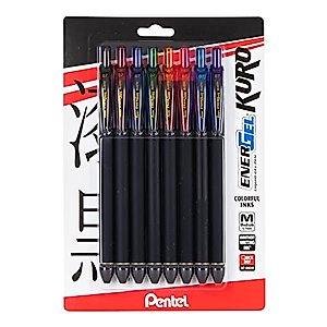 Pentel EnerGel Kuro Liquid Gel Pen, (0.7mm) Medium line, Assorted Ink, 8 Pack (BL437R1BP8M)