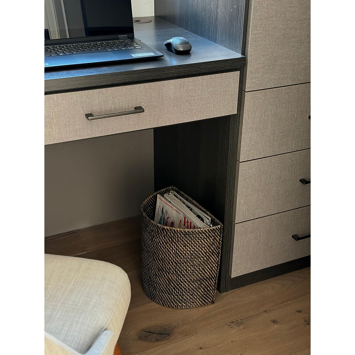 KOUBOO Rattan Laguna Half-Moon Waste Basket Trash Can – Laundry Room Storage, Wicker Garbage Can, Office, Bathroom, Kitchen, Bedroom Waste Basket, Gray - Brown