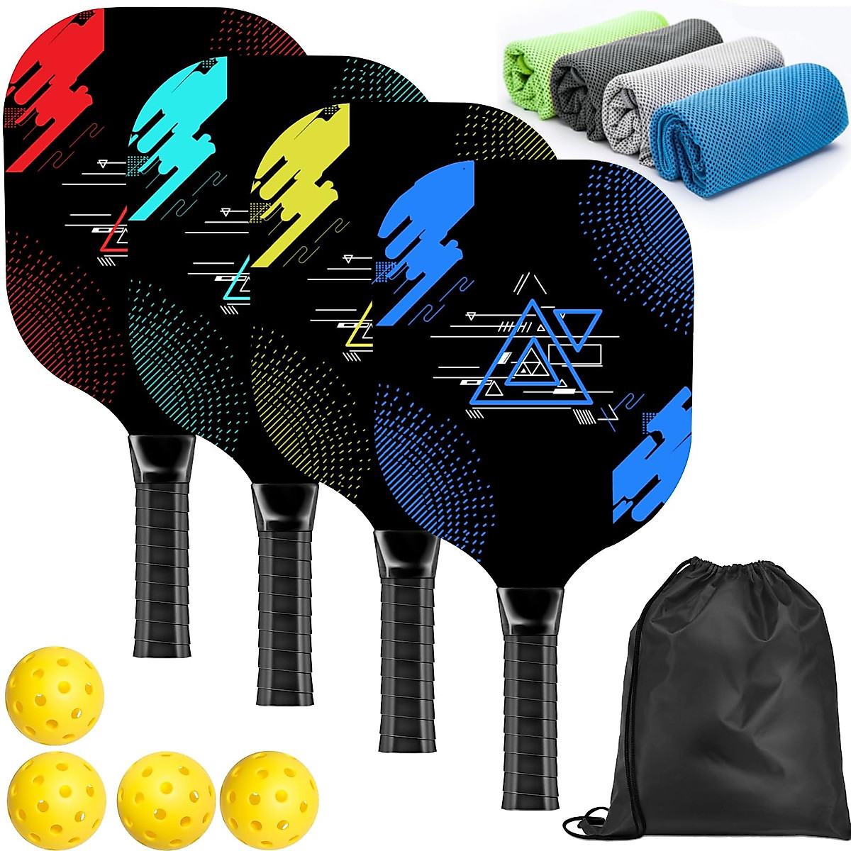 AOPOUL Pickleball Set with 4 Premium Wood Paddles, Cushion Comfort Grip, 4 Cooling Towels, 4 Pickleball Balls & Carry Bag, Pickle Ball Paddle for Men Women