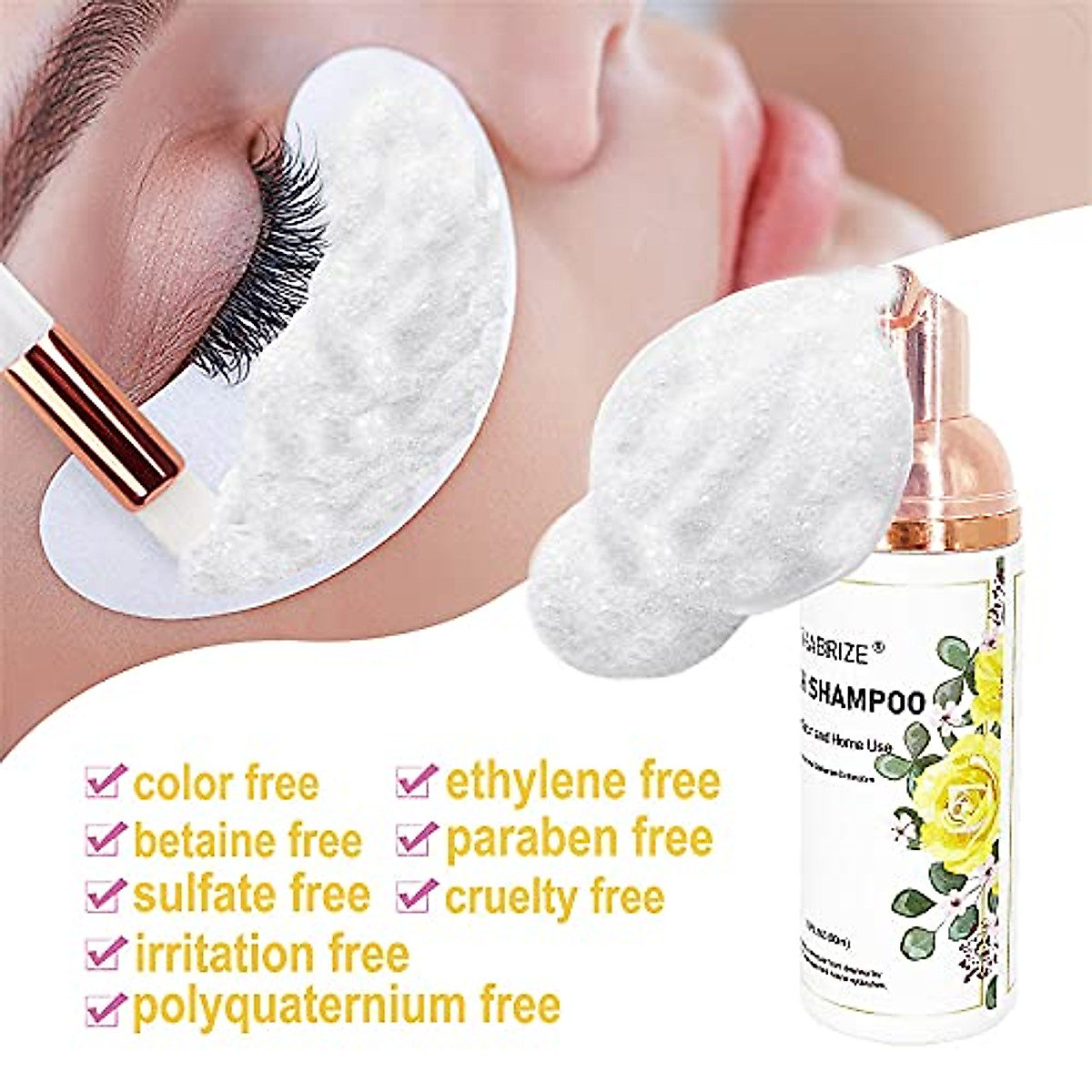 Eyelash Extension Shampoo 60ml + Brush/Eyelid Foaming Cleanser/Professional Salon and Home Care/Wash for Extensions and Natural Lashes/Non-Irritating & Paraben Safe Makeup & Mascara Remover (White)