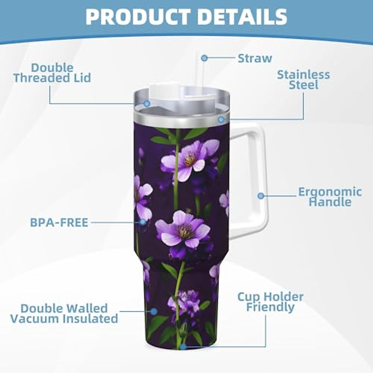 HULIBIN Blooming Purple Flowers Print Double Deck Stainless Steel Travel Coffee Cup With Lid 40 Oz Ice Bully Cup