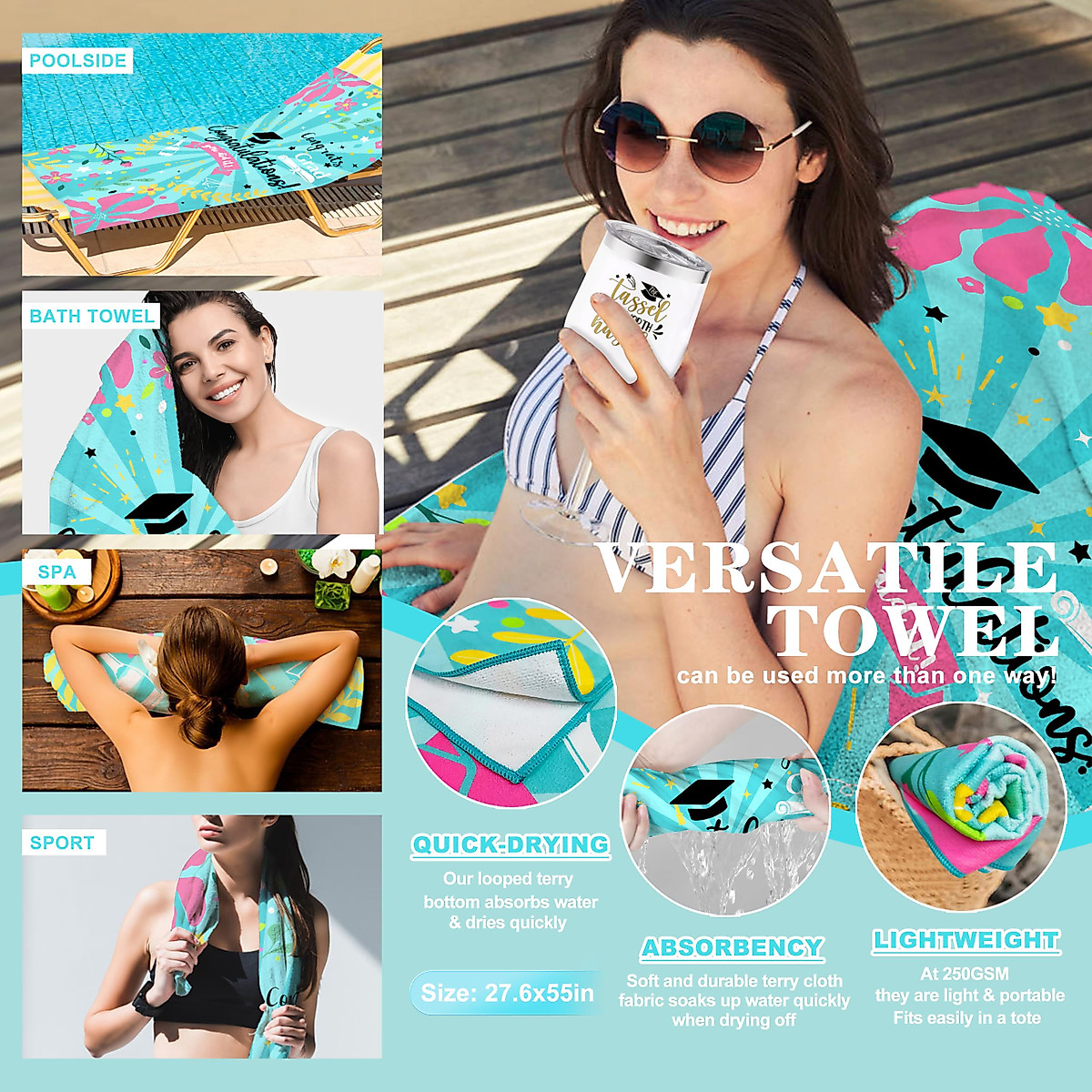 Graduation Gifts for Her 2025, College Graduation Gifts Basket Congratulations Gifts Set for Graduates Daughter Friends Nurse Insulated Tumbler Beach Towel Pouch Bag Candle Socks for Class of 2025