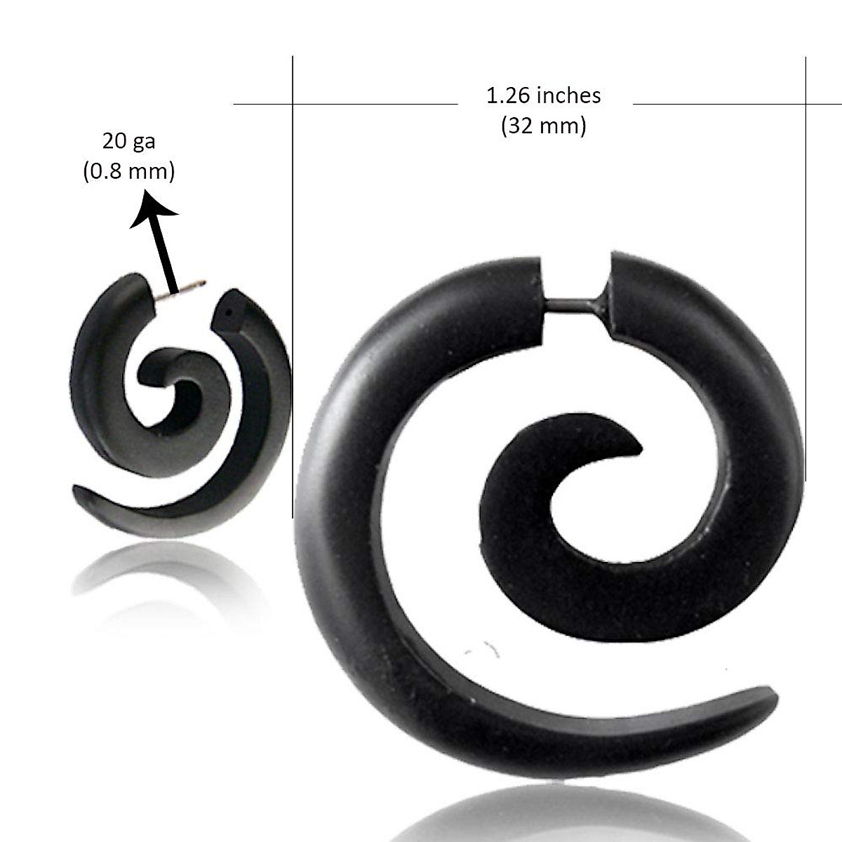 Earth Accessories Spiral Fake Gauges for Women or Men - Faux Gauge Earrings with Organic Wood and Surgical Steel - Fake Plugs Sold as a Pair in Black