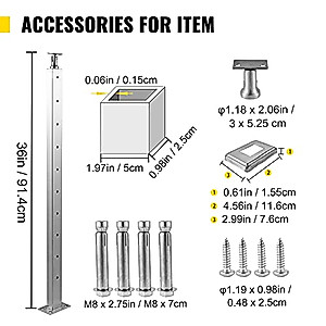 VEVOR Cable Railing Post Level Deck Stair Post 36 x 0.98 x 1.97" Cable Handrail Post Stainless Steel Wire Drawing Deck Railing Pre-Drilled Pickets with Mounting Bracket Stair Railing Kit Silver