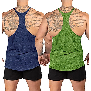 Aitrepeo Stringer Bodybuilding Tank Tops Low Cut Off Gym Workout Training Stretch Polyester Quick Dry T Shirts/Green/Blue/S