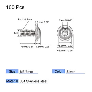 uxcell Flanged Button Head Socket Cap Screws, M3*6mm Hex Socket Drive Screw, 304 Stainless Steel Fasteners Bolts, Fully Threaded Machine Screw 100Pcs