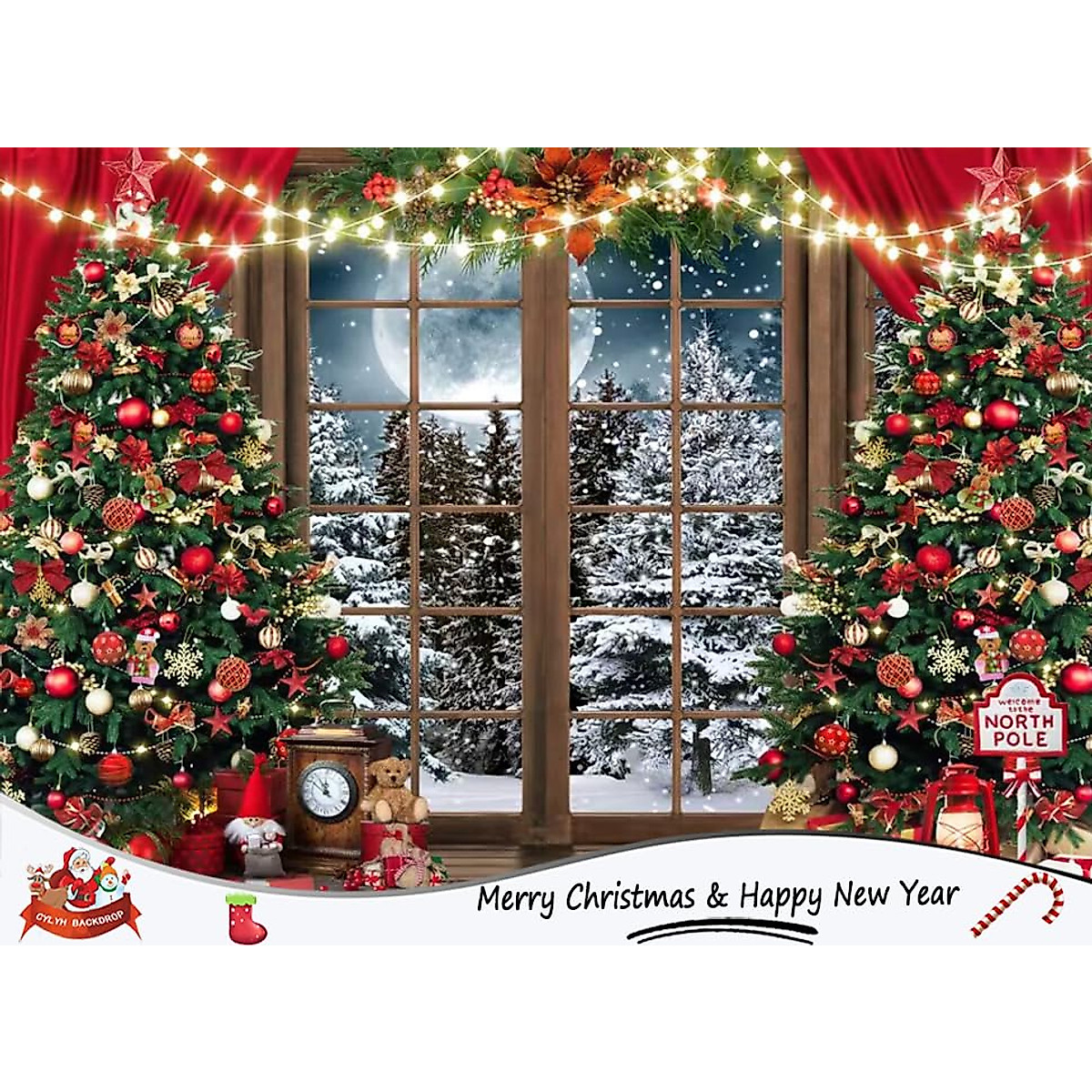 CYLYH 7x5ft Christmas Backdrop Xmas Window Photography Backdrop Winter Dream Wonderland Snow Tree Red Curtain Christmas Festival Party Banner Backdrop