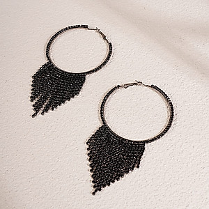 JWICOS Large Rhinestone Round Hoop Earrings for Women Long Chandelier Tassel Dangle Earrings for Party Gift Wedding (Black)