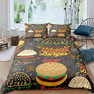 Erosebridal Burger Duvet Cover, Graphic Comforter Cover Western Fast Food Quilt Cover for Kids Boys Girls Teens, Grunge Room Decor Bedding Set (No Comforter) Grey Decorative 3Pcs Full Size