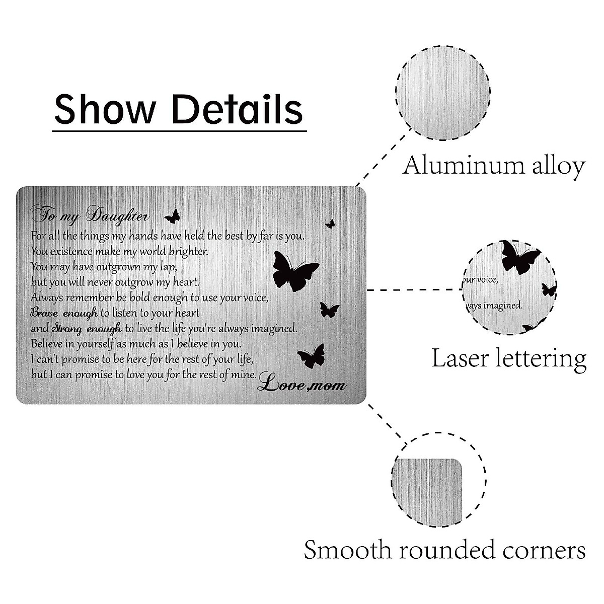 CREATCABIN to My Daughter Wallet Card from Mom Engraved Wallet Insert Inspirational Metal Wallet Card Mini Love Notes Gift for Women Her Birthday Graduation Wedding Christmas