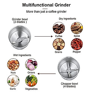 Coffee Grinder Electric, Spice Grinder with with 2 Detachable Stainless Steel Bowls, with Anti-splash Cover & Brush, 3.88oz/110g Capacity Coffee Bean Grinder, Dry & Wet for Corn Kernels, Herbs, Nuts