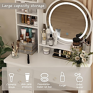 MOUMON Vanity Desk Vanity Mirror Makeup Desk with Lights, Vanity Desk with Mirror and Lights, Makeup Vanity with Drawers and Shelves, Crystal Handles, Cushion Stool, White