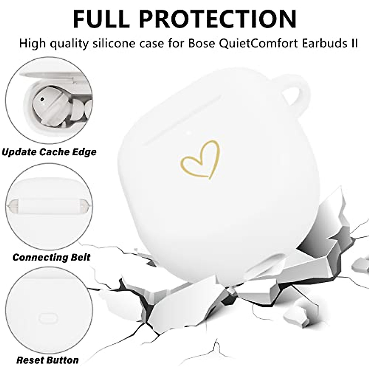 AIIEKZ Compatible with Bose QuietComfort Earbuds II 2022, Soft Silicone Case with Gold Heart Pattern for Bose QC II Case with Cute Butterfly Keychain for Girls Women (White)