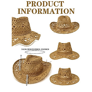 Didaey 2 Pcs Woven Straw Cowboy Hat for Women Wide Brim Cowgirl Hat Western Cowboy Hat Men Women Straw Hat for Hiking Fishing (Black, Khaki)