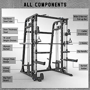 MAJOR LUTIE Smith Machine with Olympic Plates(230LBS)-Black, SML09 Power Cage with Smith Bar and Two LAT Pull-Down Systems and Cable Crossover Machine, Cast Iron Sets